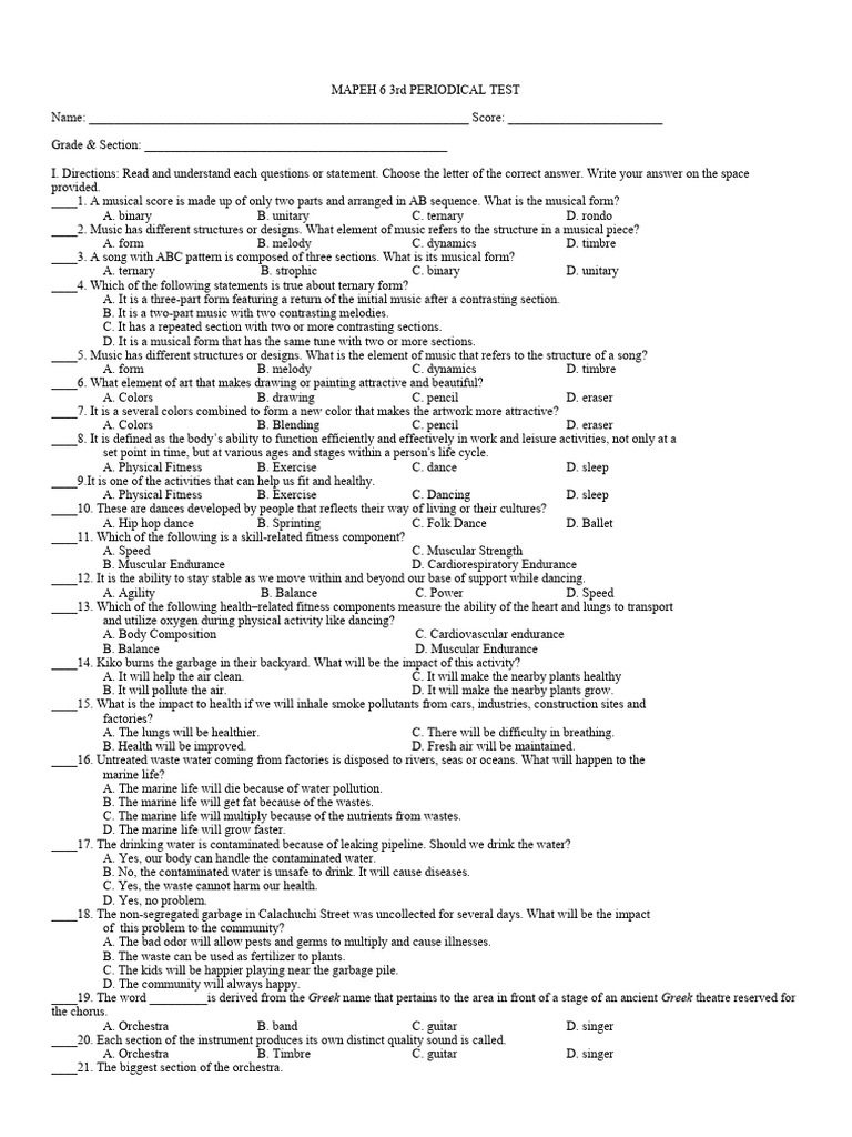 Mapeh 6 3rd Periodical Test | PDF | String Instruments | Musical Forms