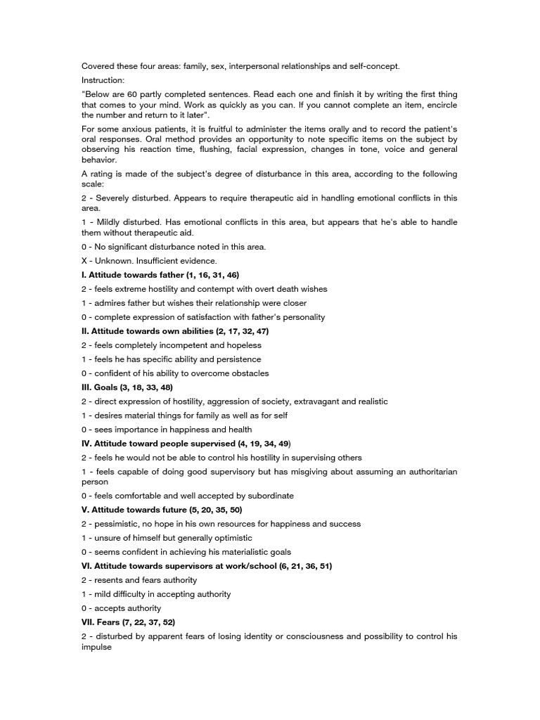 Sacks Sentence Completion Test Guide | PDF | Attitude (Psychology ...