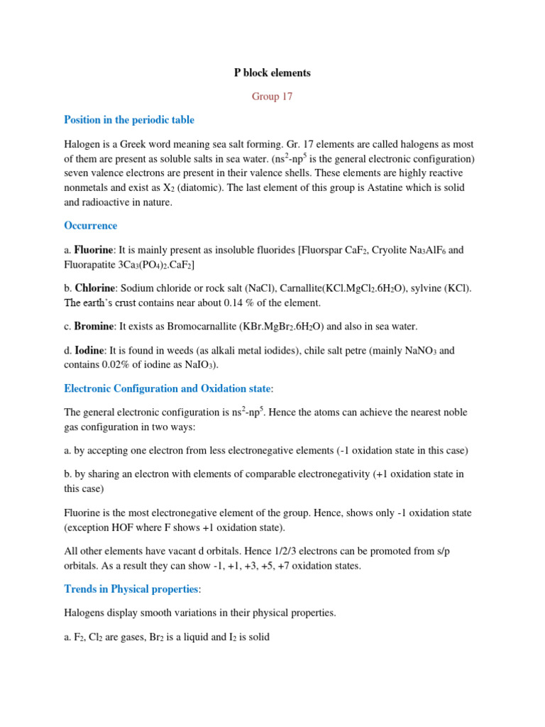 P Block Elements - 105713 | PDF | Chlorine | Iodine