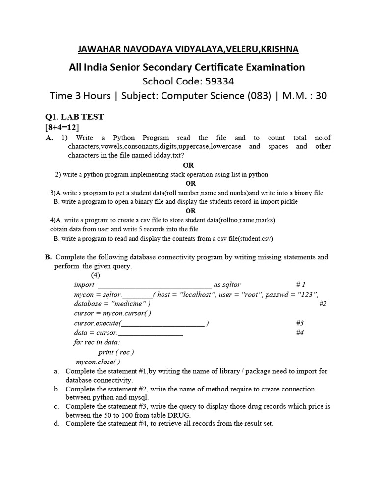 Class 12 Practical | PDF | Databases | Computer File