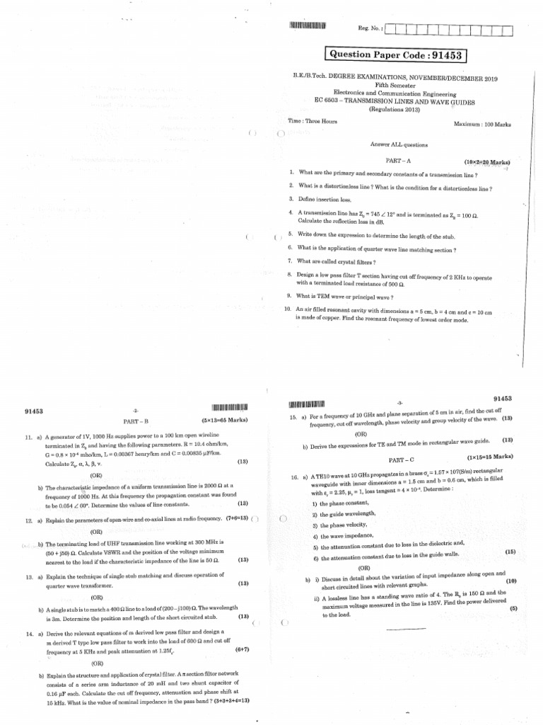 EC6503 - Transmission Lines and Wave Guides - R2013 - 2019 Nov | PDF