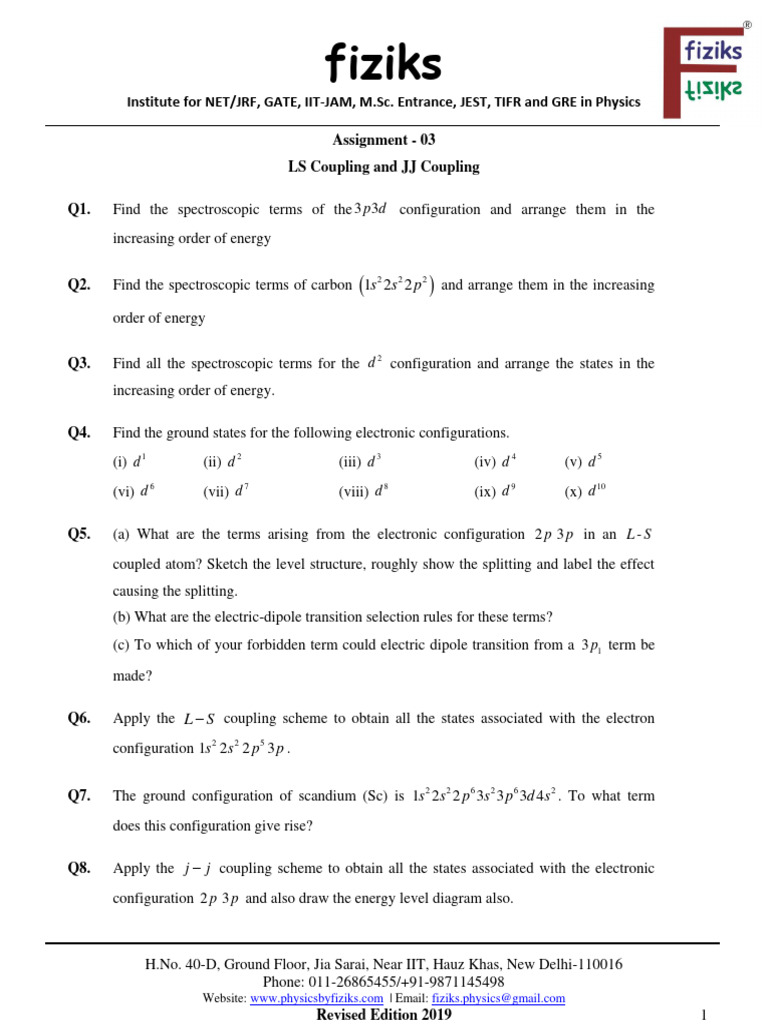 Assignment-3 - LS Coupling and JJ Coupling | PDF | Electron Configuration | Atomic Physics