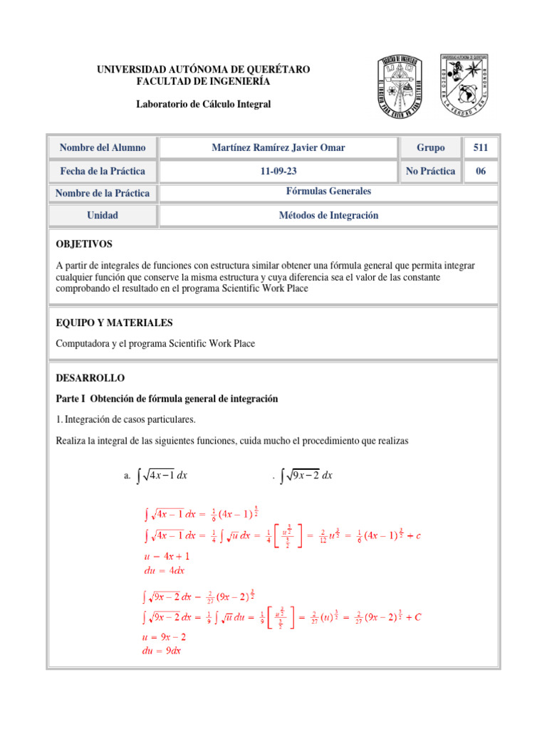 CI 3.4 formulas generales Practica 06 | PDF | Integral | Informática
