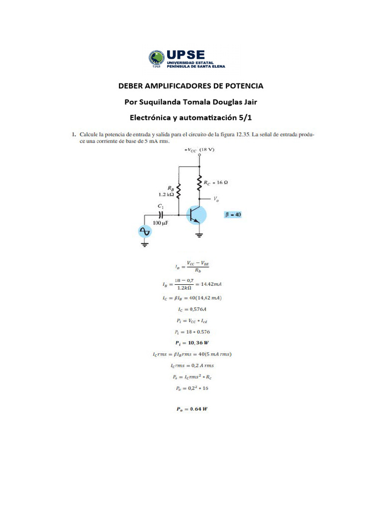 Deber Amplificadores de Potencia | PDF