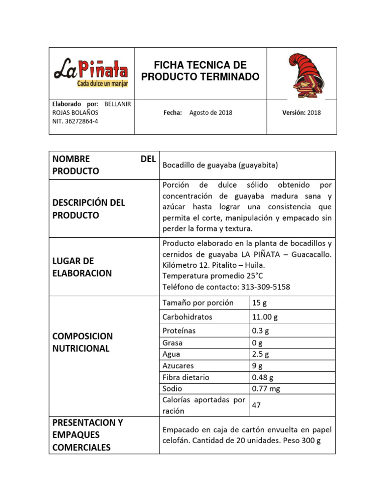FICHA TECNICA (guayabita) | PDF | Nutrición | Dieta y nutrición