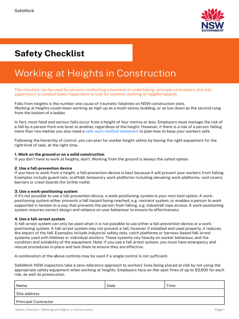 Safety Checklist Working at Heights in Construction | PDF | Scaffolding ...