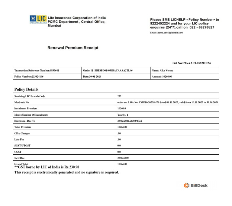 LIC GST Details and Policy Information | PDF
