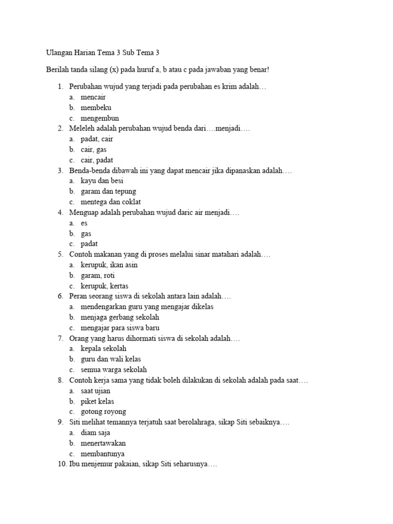 Ulangan Harian Tema 3 Sub Tema 3 | PDF