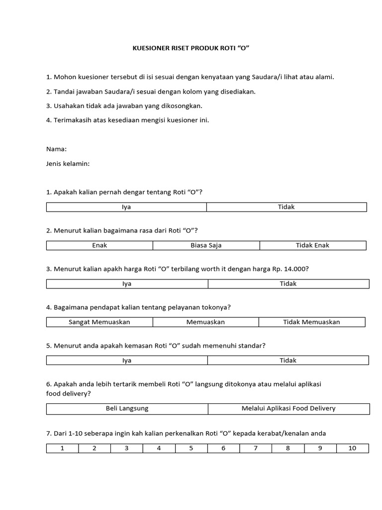 Kuesioner Riset Roti "O" dan Feedback | PDF