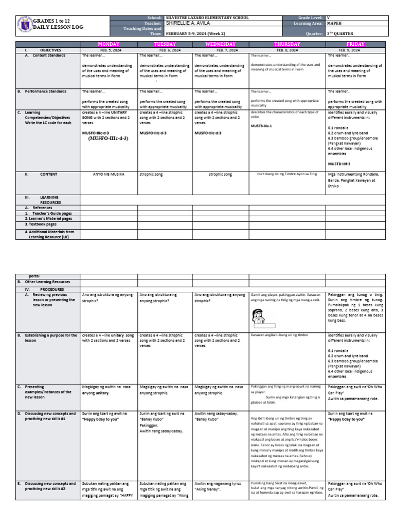 DLL - Mapeh 5 - Q3 - W2 2023-2024 | PDF | Differentiated Instruction | Learning