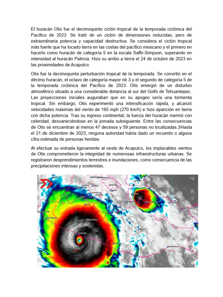 El Huracán Otis Fue El Decimoquinto Ciclón Tropical de La Temporada Ciclónica Del Pacífico de ...