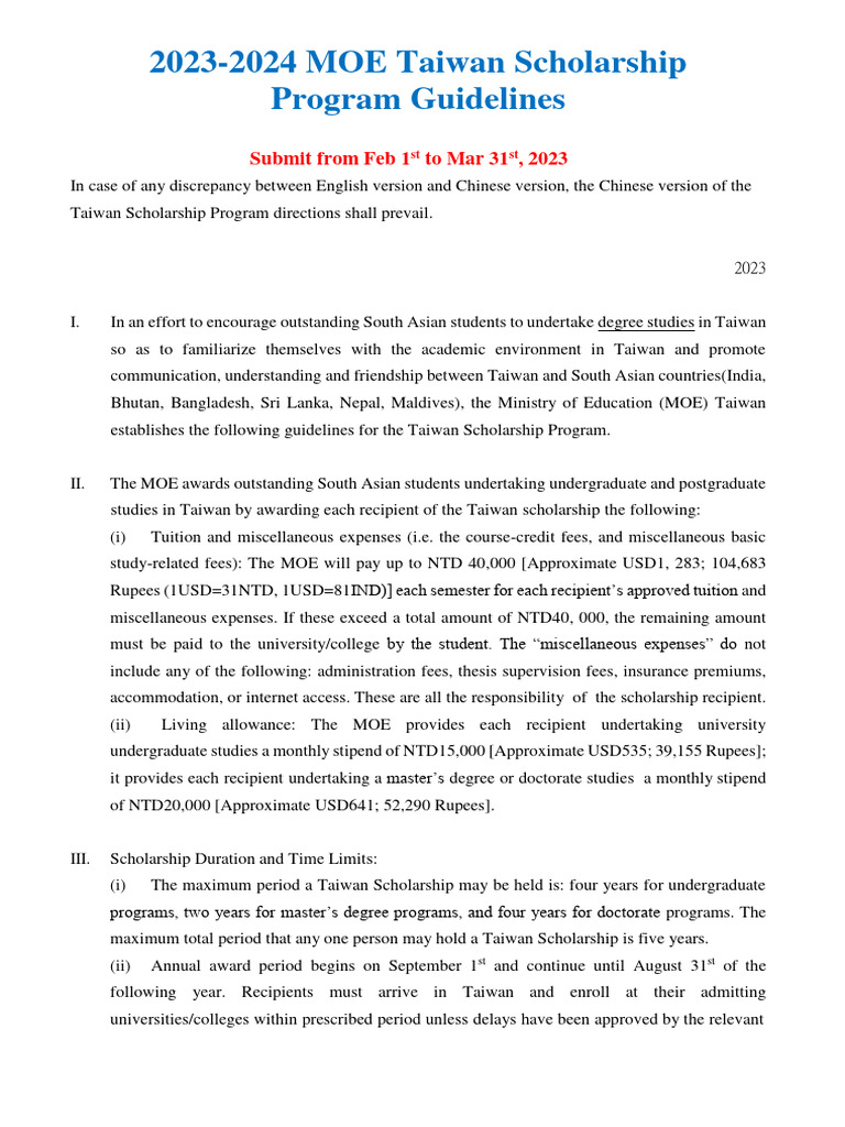 2023 Taiwan Scholarship Guidelines | PDF | Academic Degree | Postgraduate Education