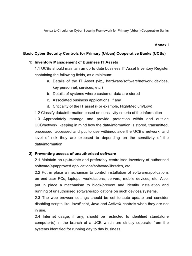 Annex To Circular On Cyber Security Framework For Primary Urban Cooperative Banks I