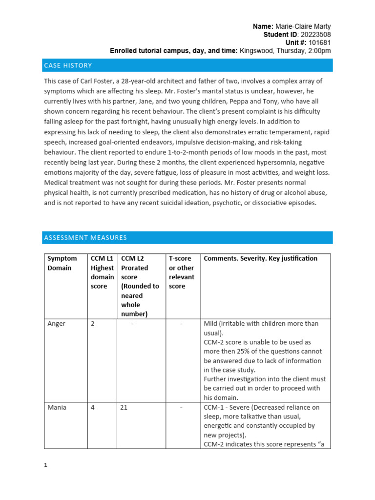 Assessment 1 - Case Study - 20223508 | PDF | Bipolar Disorder | Mania