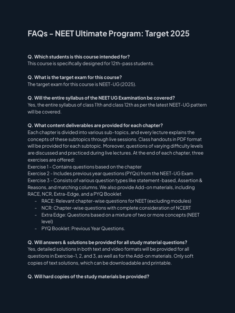 FAQs - NEET Ultimate Program Target 2025 12 Pass 1 Fcoofa | PDF
