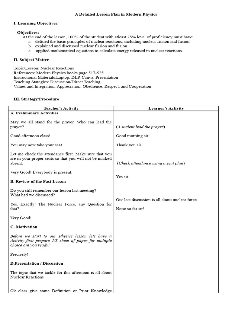 Lesson Plan: Nuclear Reactions in Physics | PDF | Nuclear Fission ...