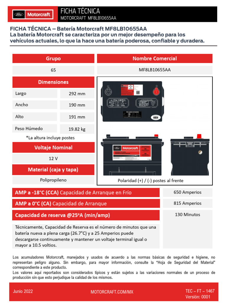 Ficha Técnica Batería Motorcraft | PDF