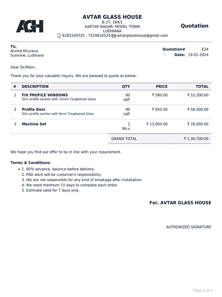 Avtar Glass House Quotation | PDF