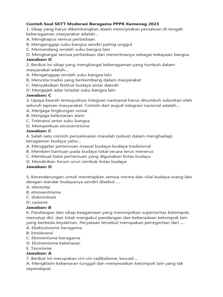 Contoh Soal SKTT Moderasi Beragama PPPK Kemenag 2023 | PDF