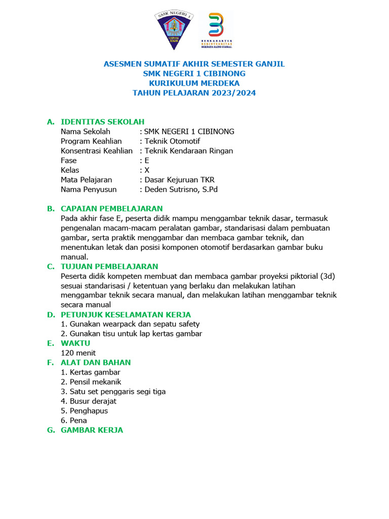 Asesmen Akhir TKR SMK Cibinong 2023 | PDF