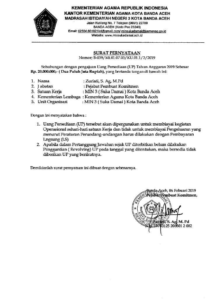 Surat Pernyataan UP MIN 302072019 | PDF