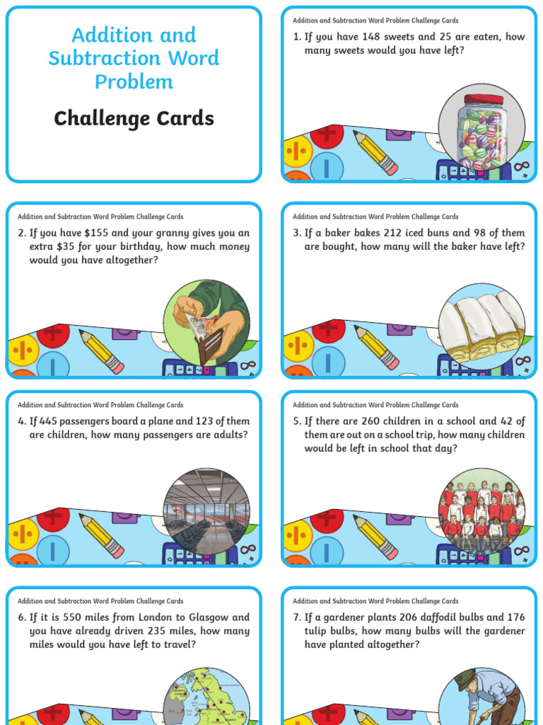 Digit Addition and Subtraction Word Problem Challenge Cards | PDF