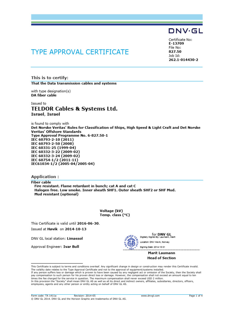 DNV-GL - Certificate - Type - DA - Armored - Fire Resistant SHF1-SHF2 ...