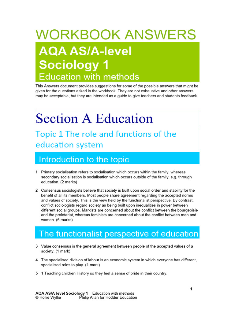 Sociology AQA 1 Education Workbook Answers | PDF | Sociology ...