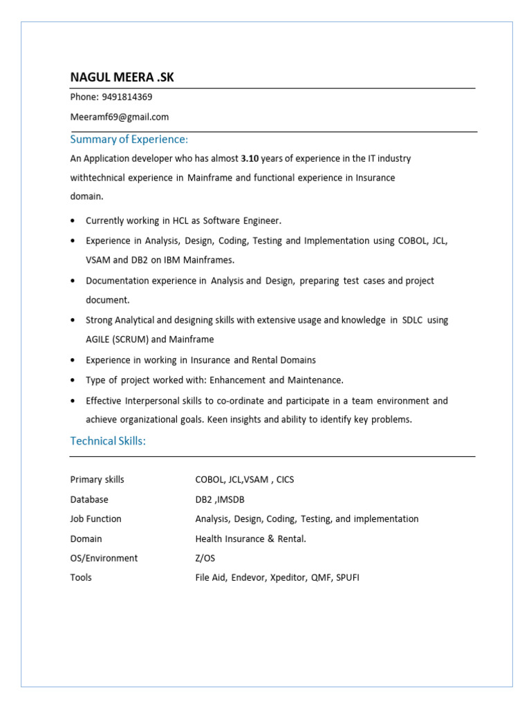 Meera Mainframe Resume | PDF | Ibm Db2 | Computer Science
