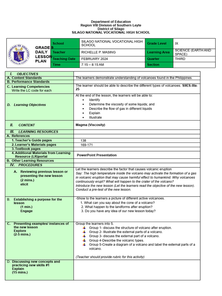 SCIENCE 9 - Lesson Plan MAGMA (Viscosity) | Download Free PDF | Magma | Volcano