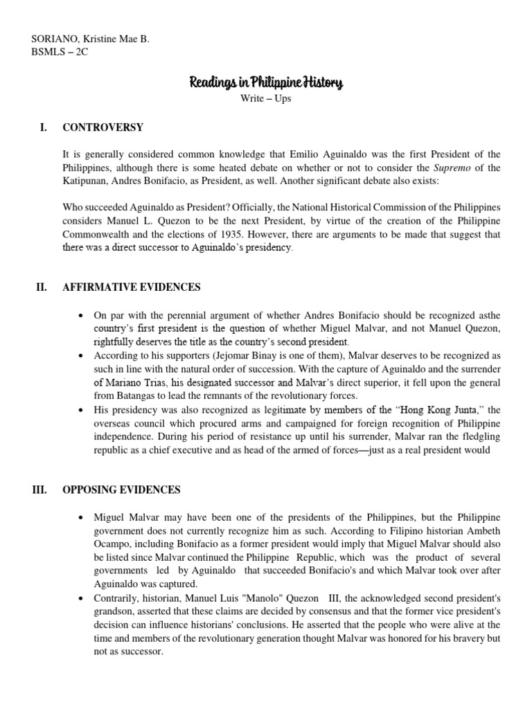 RPH WRITE-UP (Miguel Malvar/Manuel Quezon) | PDF | President Of The Philippines | World Politics