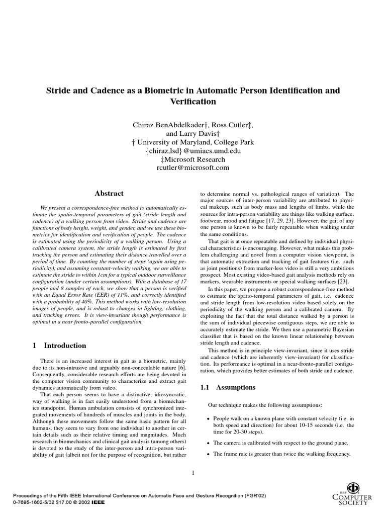 Stride and Cadence As A Biometric in Automatic Person Identification and Verification | PDF ...