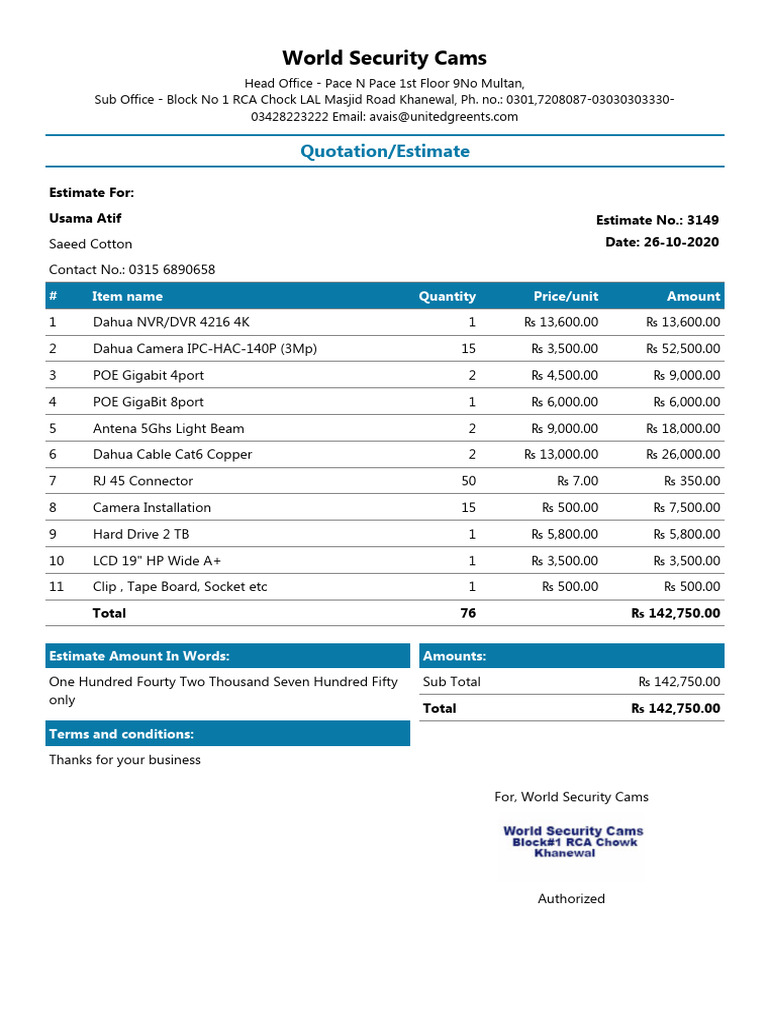 Security Camera Quotation Estimate | PDF | Computer Engineering ...