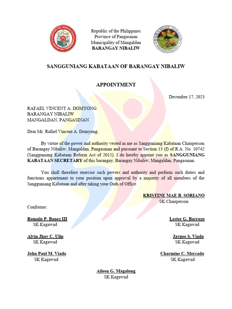 SK Appointments in Barangay Nibaliw | PDF | Youth Organizations | Philippines