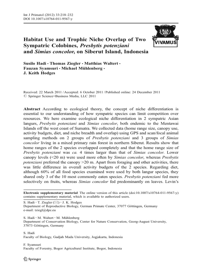 Habitat Use and Trophic Niche Overlap of Two Sympatric Colobines, Presbytis Potenziani and ...