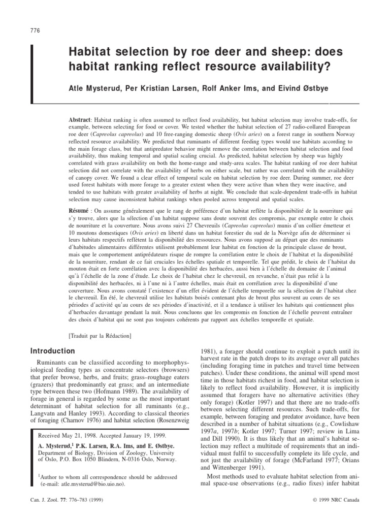 Habitat Selection by Roe Deer and Sheep Does Habitat Ranking Reflect Resource Availability | PDF ...
