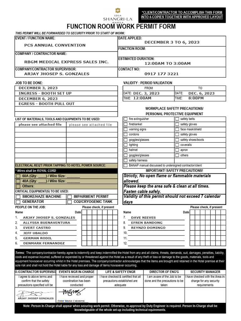 Work Permit (For Function Room) | PDF | Safety
