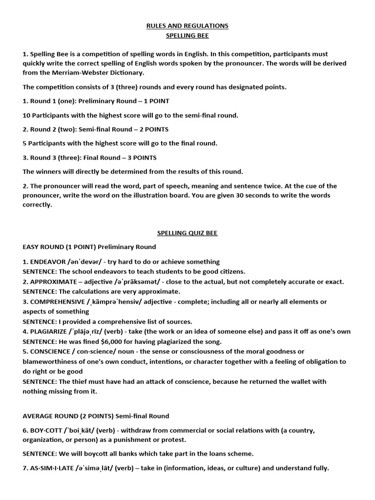 Grade 7 Spelling Bee Rules | PDF | English Language | Word