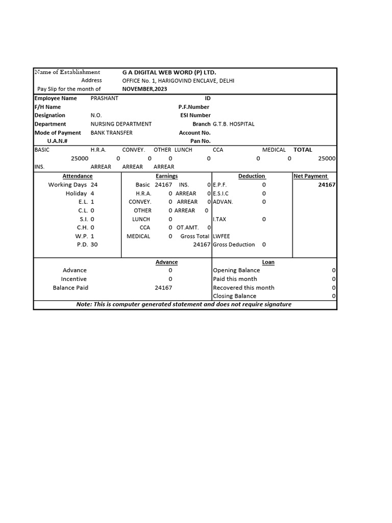 November Salary Slip for Prashant | PDF