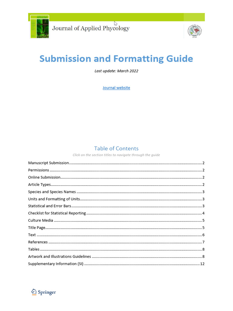 Journal of Applied Phycology - Submission and Formatting Guide | PDF | Statistics | P Value