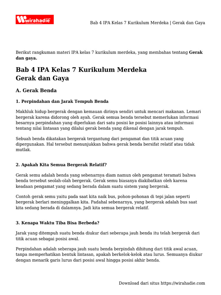 Bab 4 IPA Kelas 7 Kurikulum Merdeka Gerak Dan Gaya | PDF