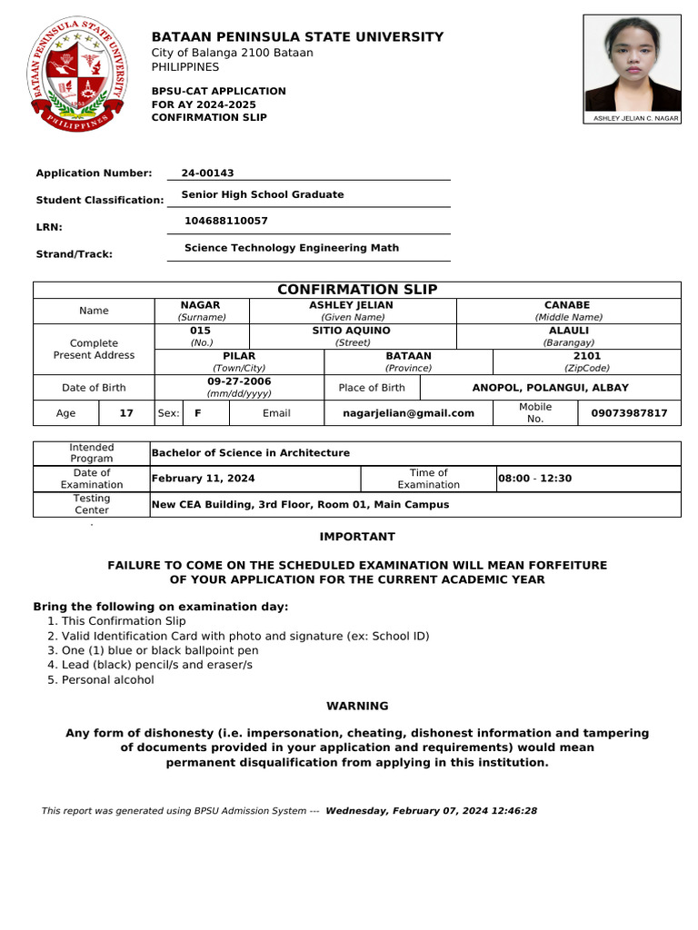 24 00143 - BPSU CAT Confirmation Slip | PDF | Access Control ...