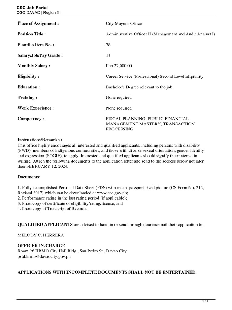 CGO DAVAO-Administrative Officer II Management and Audit Analyst I | PDF