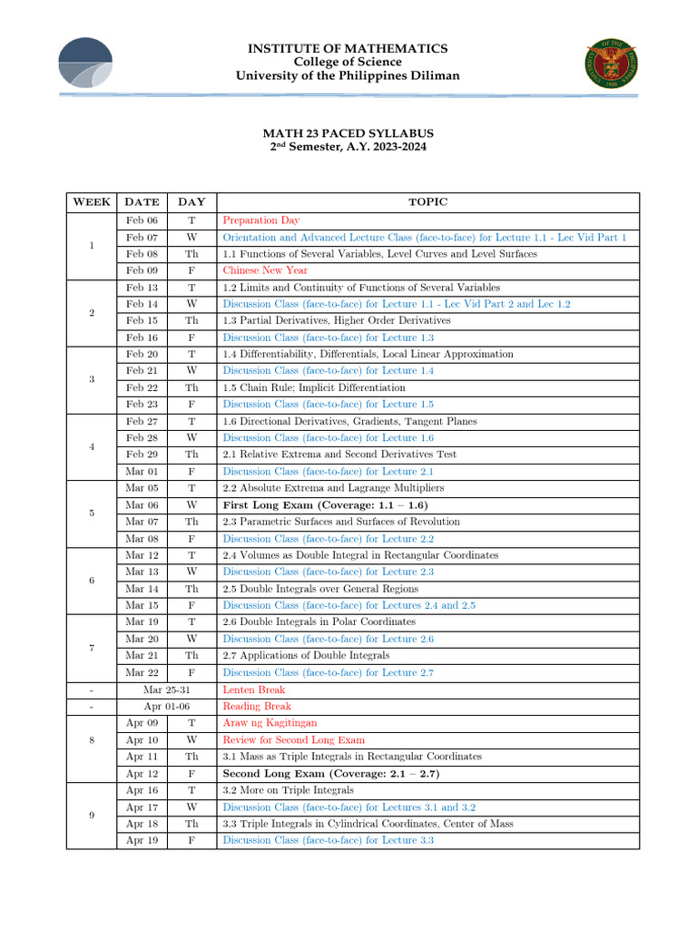 Math 23 Paced Syllabus (2nd Sem 2023-2024) | PDF | Derivative | Integral