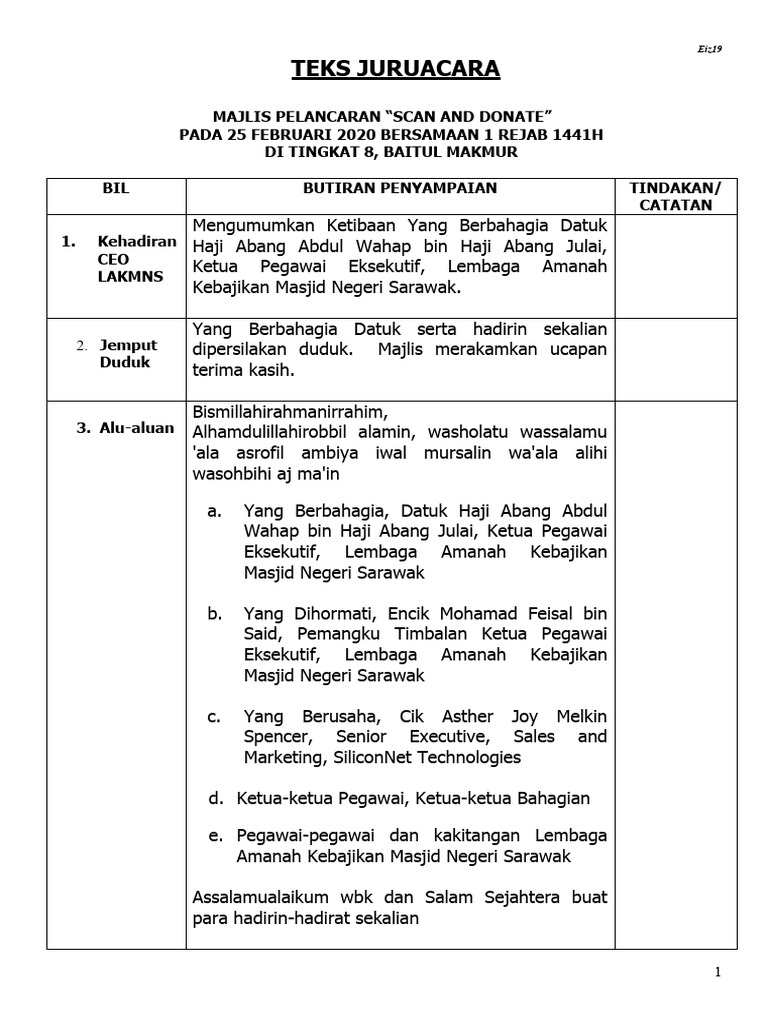 Teks MC Majlis Scan and Donate 25 Februari 2020 | PDF