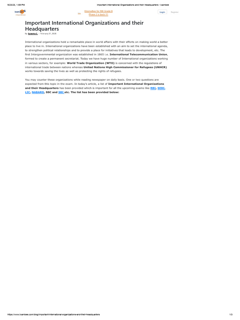 Important International Organizations and Their Headquarters - Ixambee ...