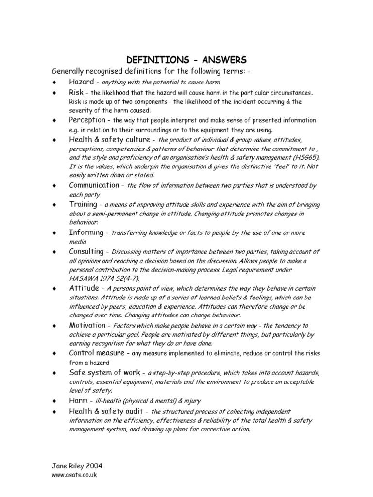 Definitions Exercise Answers | PDF | Attitude (Psychology) | Risk