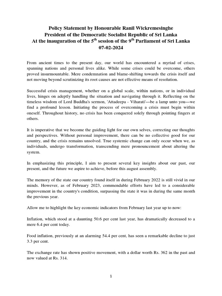Government Policy Statement - President Ranil Wickremesinghe - 07 Feb ...