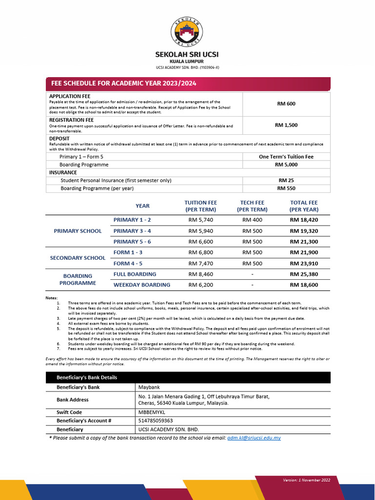 SSU KL Fee Schedule AY23!24!1 Nov | PDF | Fee | Money