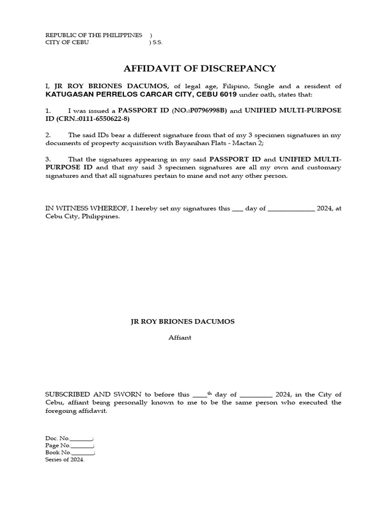 Affidavit Discrepancy of Signature Dacumos | PDF